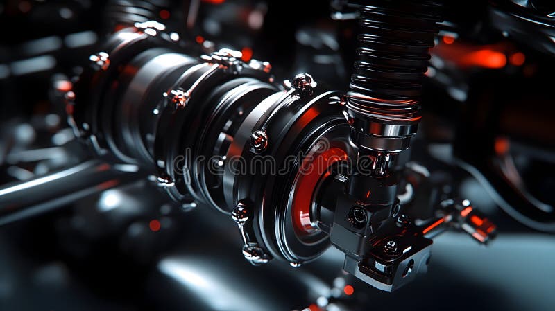 Close-up of Futuristic Metallic Engine with Red Accents in a Dark ...