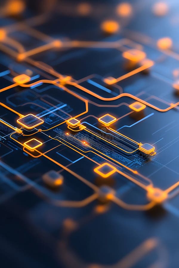 Close Up of a Futuristic Microchip Network with Glowing Orange Circuits ...