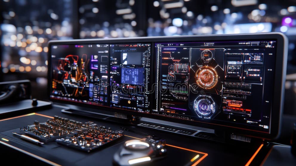 A Close-up of a Futuristic Multi-screen Workstation with Digital ...