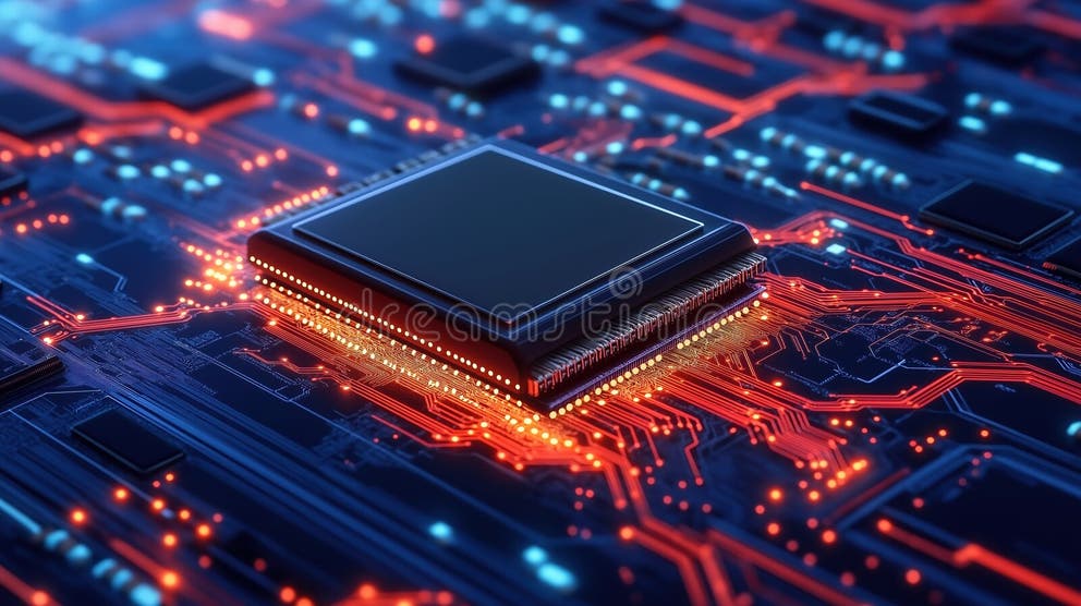 Close-up of Futuristic Orange Microchip on Digital Circuit Board with ...