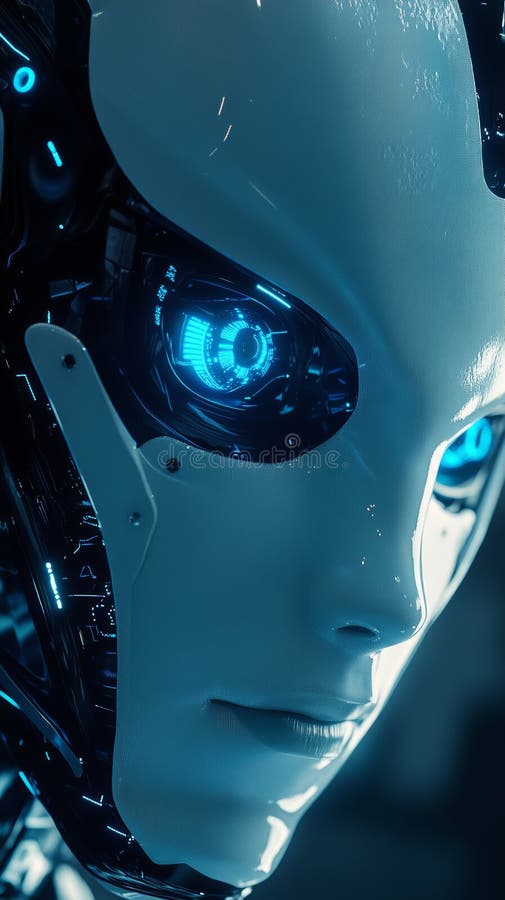 Close-up of a Futuristic Robot Face with Blue LED Lights, Technology ...