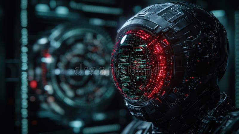 Close-up of a Futuristic Robot Head Featuring a Complex, Glowing ...