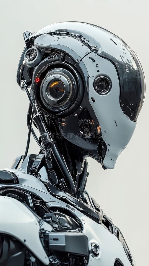 Close-up of a Futuristic Robot Head with Glowing Details Stock ...