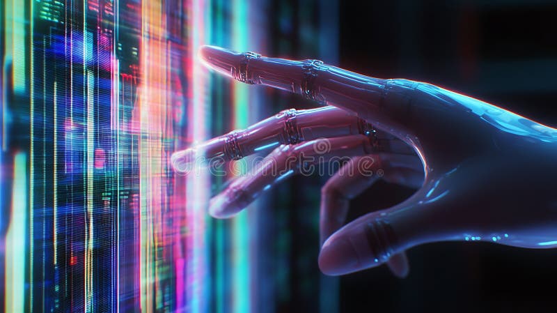 A Sleek Robotic Hand Interacts with a Luminous Screen Displaying ...