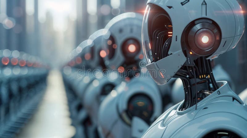 Close-up of Futuristic Robots Lined Up in a High-tech Assembly Line ...
