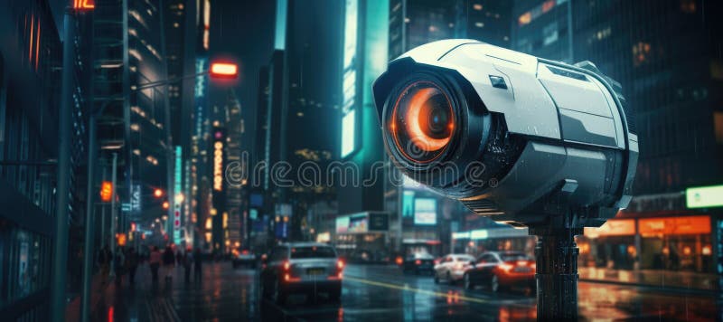 Close Up Futuristic Security Camera in Street of Smart City. Stock ...