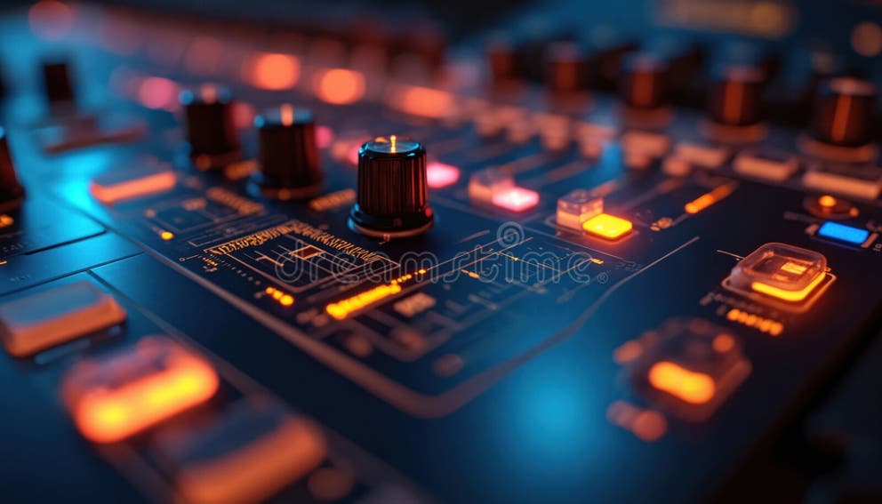 Close-up Futuristic Sound Control Panel with Illuminated Buttons, Knobs ...