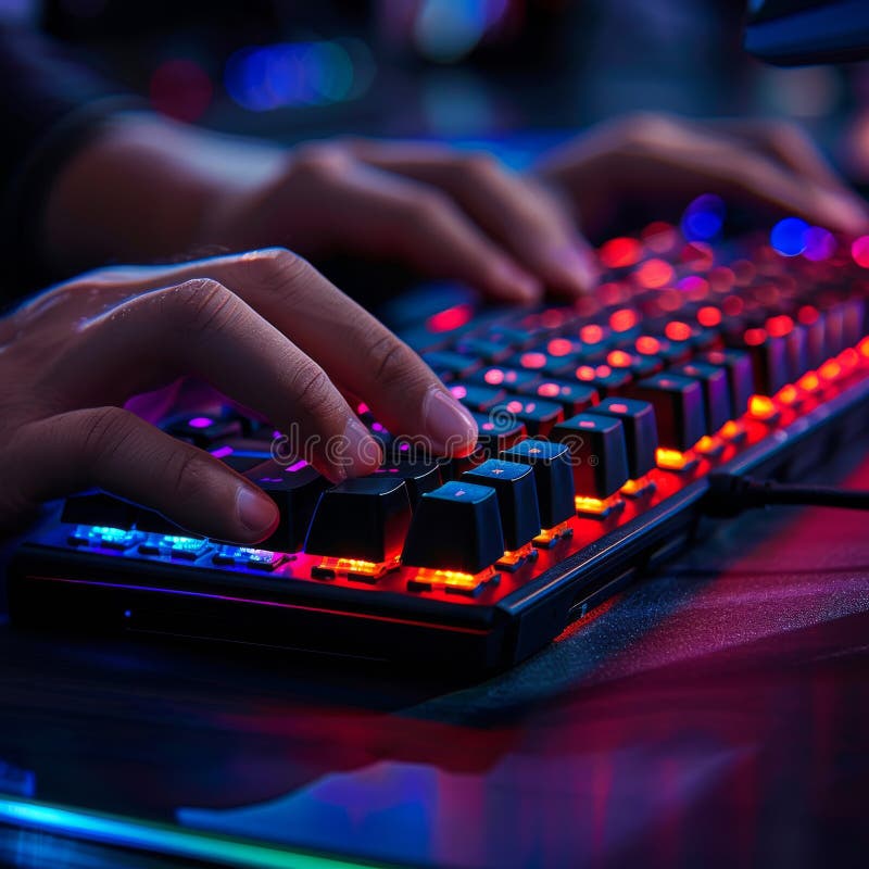 Close-up of Gamer Hands on LED Illuminated Keyboard during an Intense ...