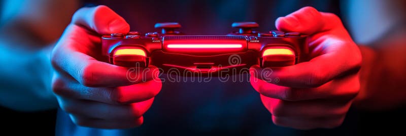 Close-Up Gamer S Hands Grip Controller Under Neon Lights, Highlighting ...