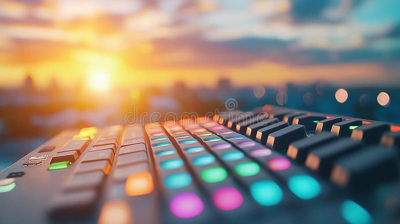 Close Up of Gaming Keyboard with Colorful Backlighting Against Sunset ...