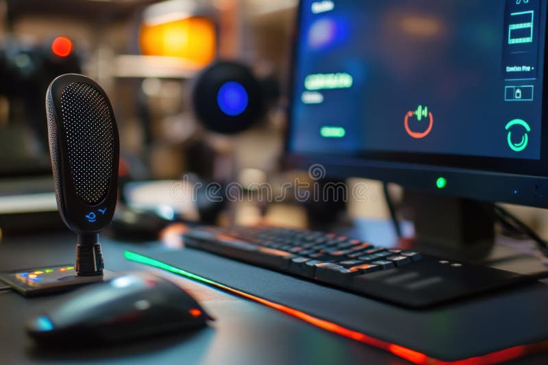Close-up of Gaming Setup with Microphone, Keyboard, and Computer Screen ...