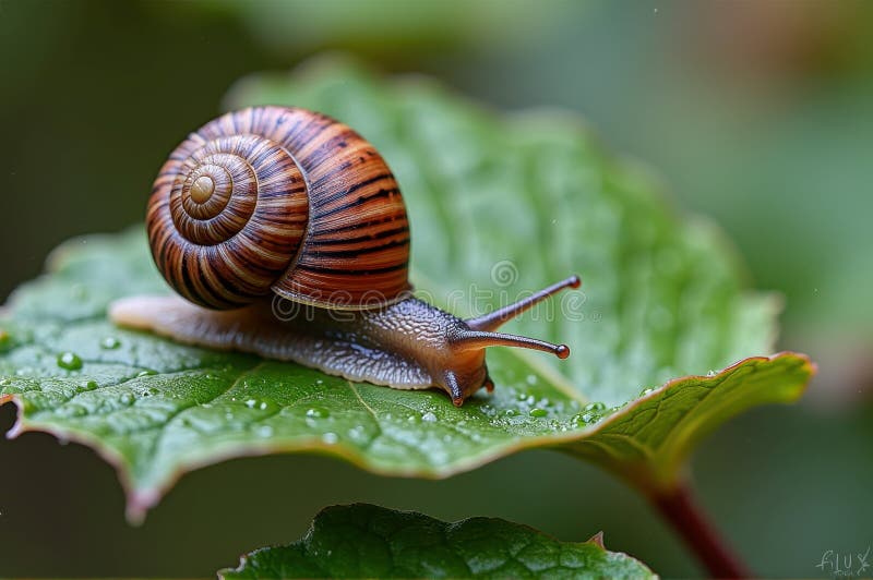Close-up of Garden Snail on Dewy Leaf with Intricate Shell Patterns ...