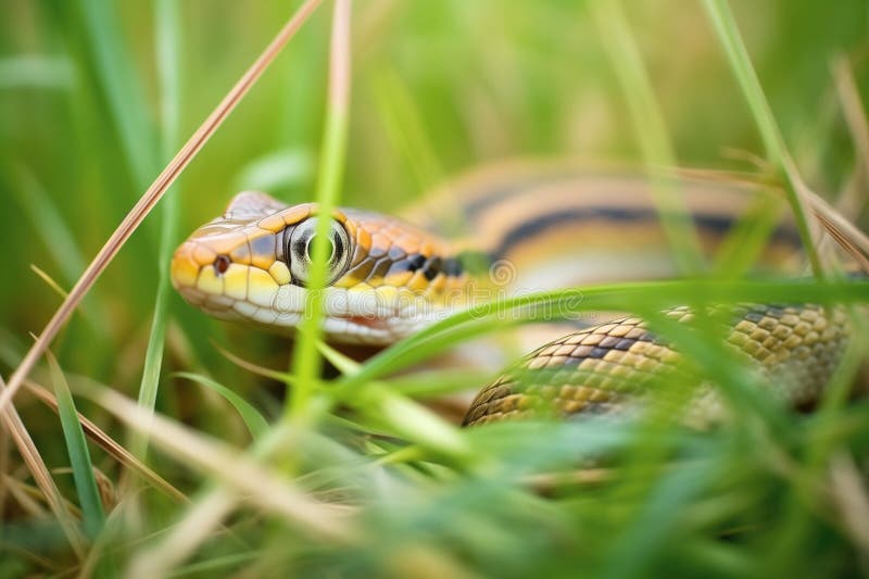 Close-up of Garter Snake among Green Blades of Grass Stock Photo ...