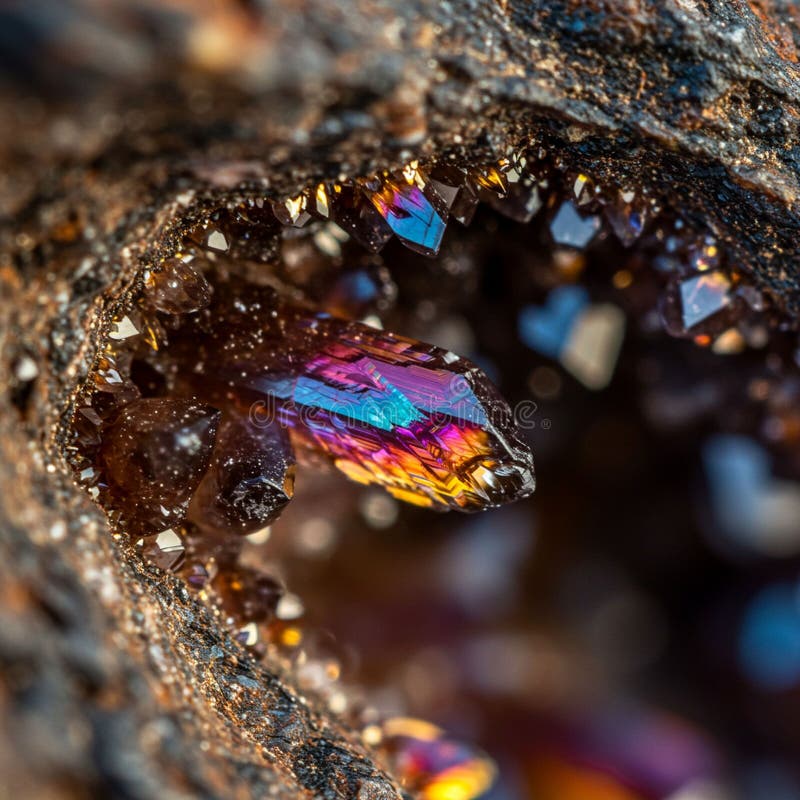 Close-up of a Geode Featuring Iridescent Crystals with Varied Hues of ...