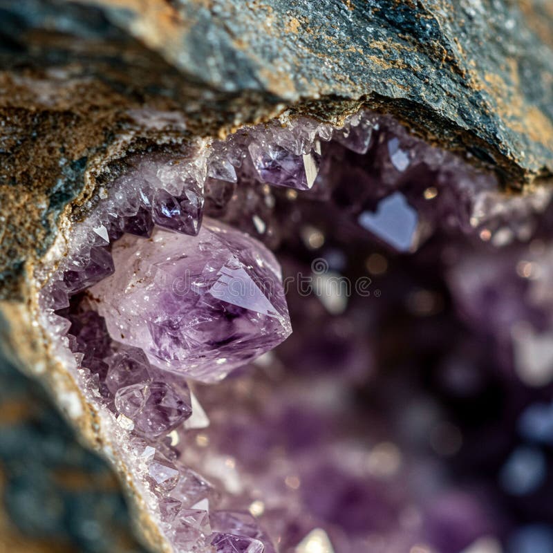 Close-up of a Geode Revealing Purple Amethyst Crystals (SiO ...