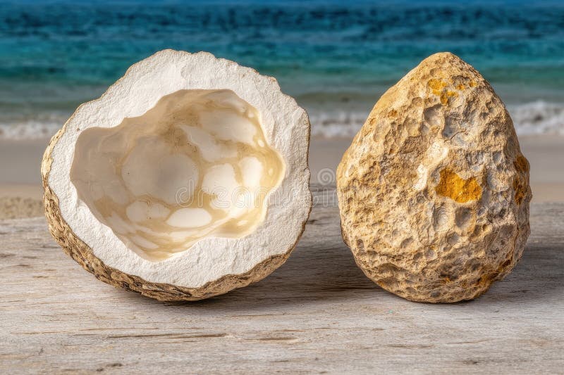 Close-up of a Geode and a Rough Stone on a Wooden Surface with a Beach ...