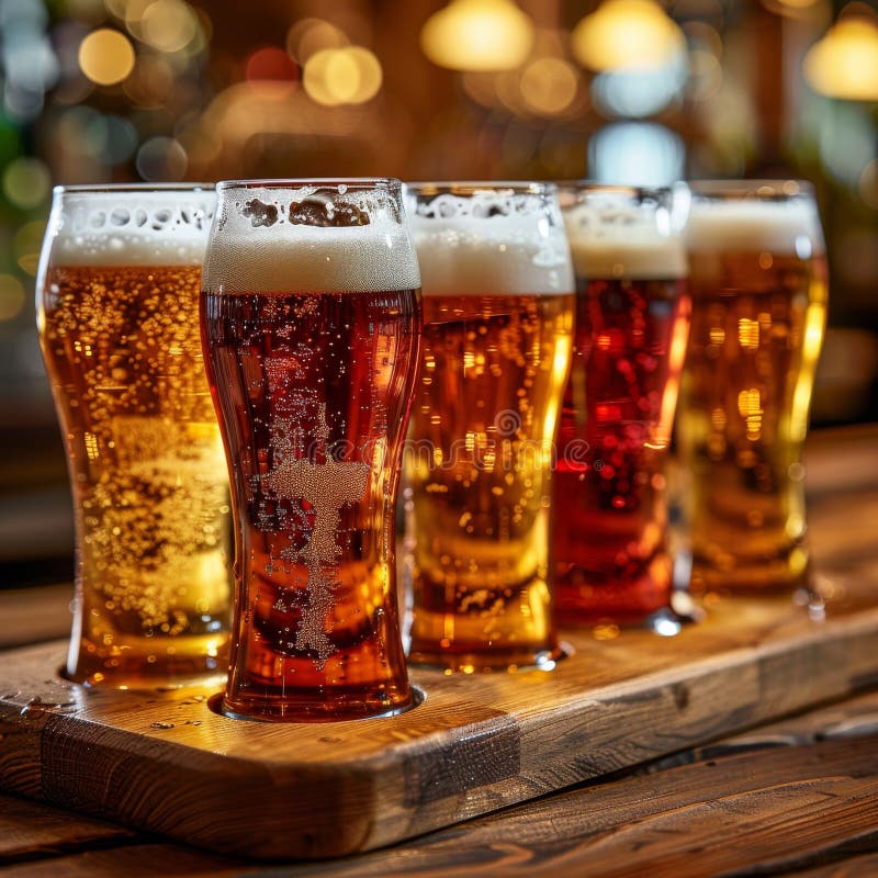Close-up of a German Beer Flight with Various Types of Beer, Tasting ...
