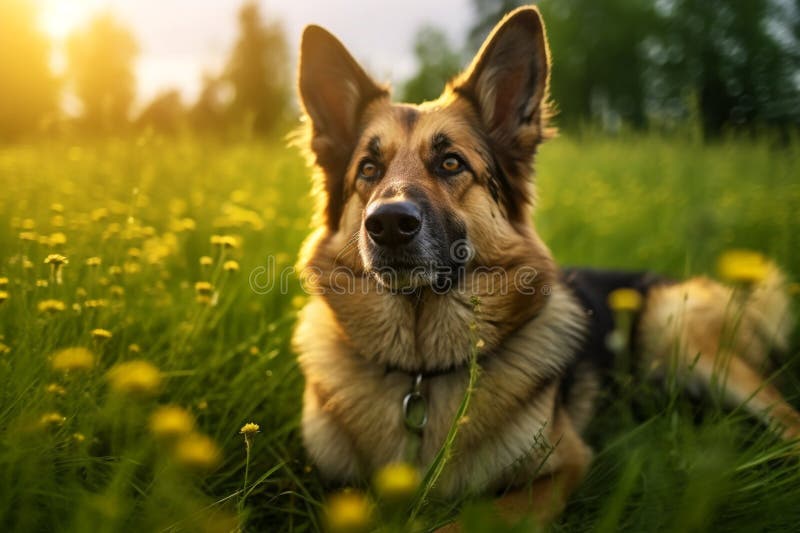 Close-up of a German Shepherd in a Meadow among Yellow Flowers. AI ...