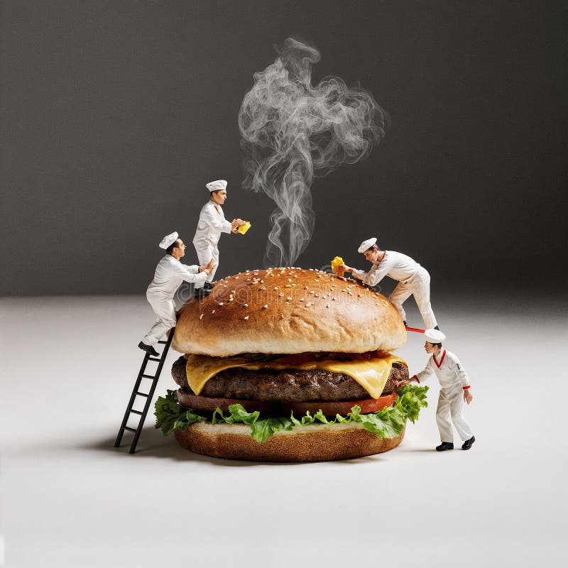 Close-Up of Giant Cheeseburger with Miniature Chefs at Work Stock ...
