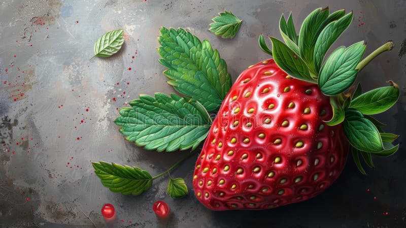 Close-up of a Giant Strawberry with Leaves on a Textured Surface, Hyper ...