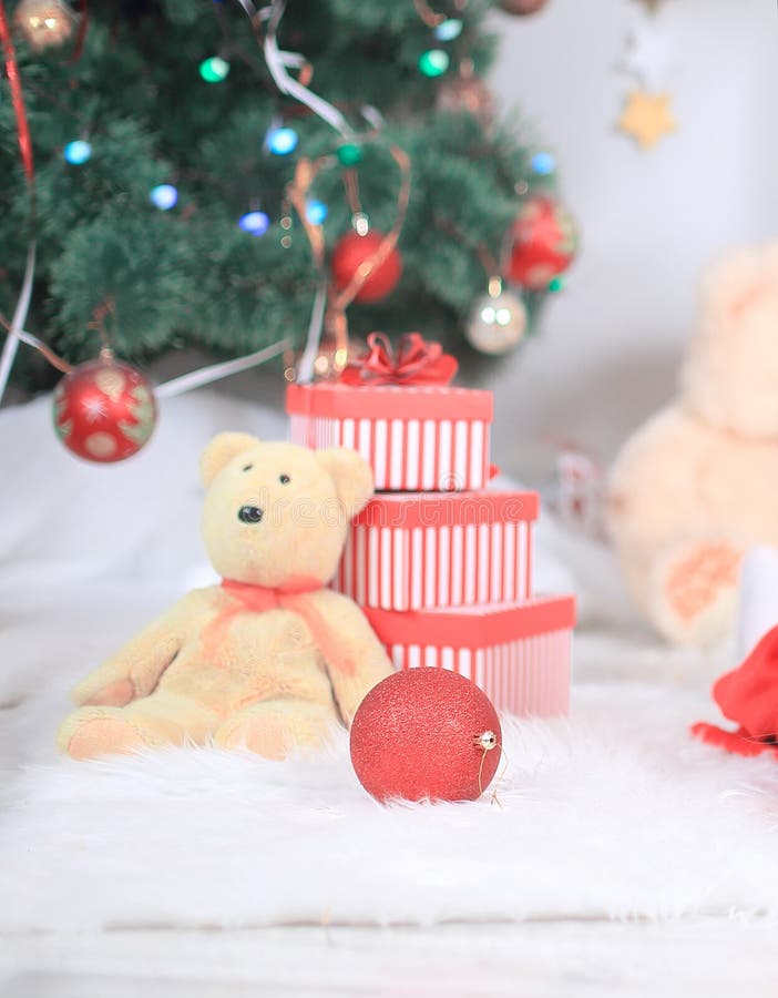 Close Up.gift Box and Soft Toy Under the Christmas Tree Stock Photo ...