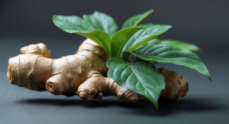 A Close Up of a Ginger Root with Leaves on a Black Surface Stock Image ...