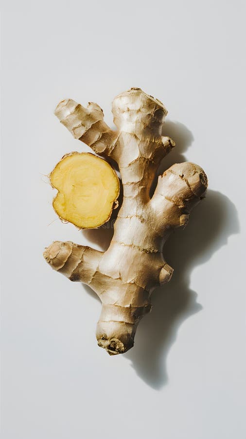 Close Up Ginger Root with Sliced Section Against White Background ...