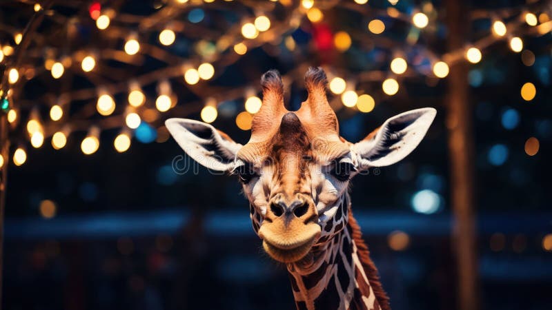 Adorable Giraffe Portrait at Night with Festive Lights Stock ...