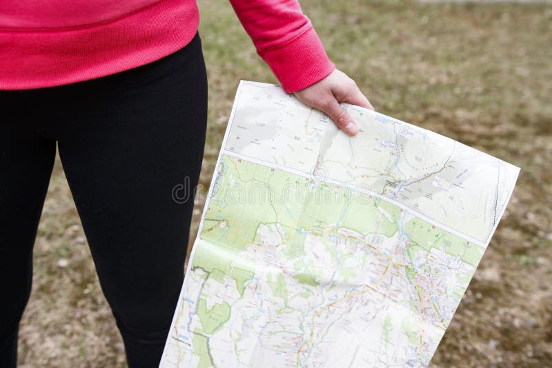 Close-up of Girl Holding Geographical Map in Hike. Stock Photo - Image ...