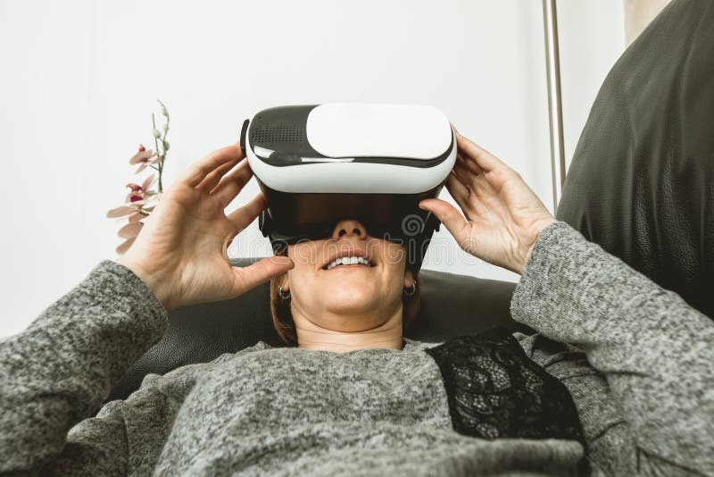 Close-up of a Girl Smiling with Glasses Vr. Virtual Reality Glasses ...