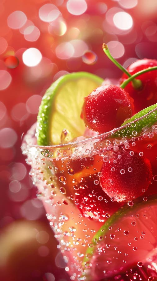 Close-up of a Glass of Cherry Limeade, Garnished with Lime Wedges and ...