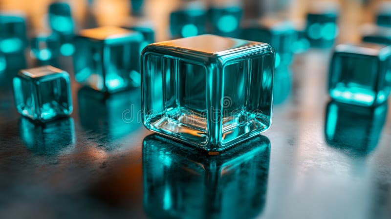 Close-up of Glass Cubes with Reflective Surfaces on Metallic Table ...