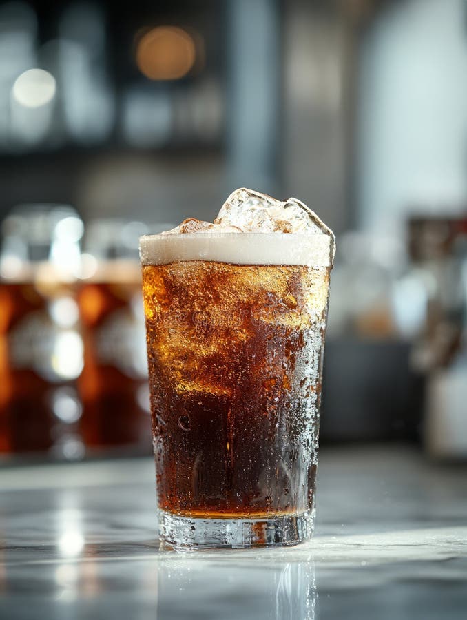 Close-up of a Glass of Soda with Ice on a Bar Counter. Stock Photo ...