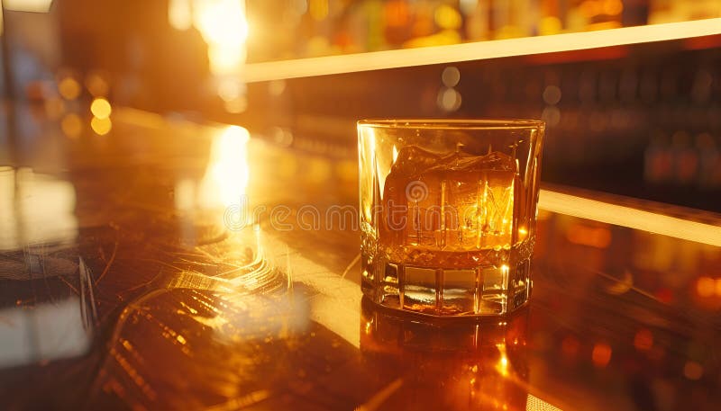 Close-up of a Glass of Whiskey on a Bar Counter, Caustic Light ...