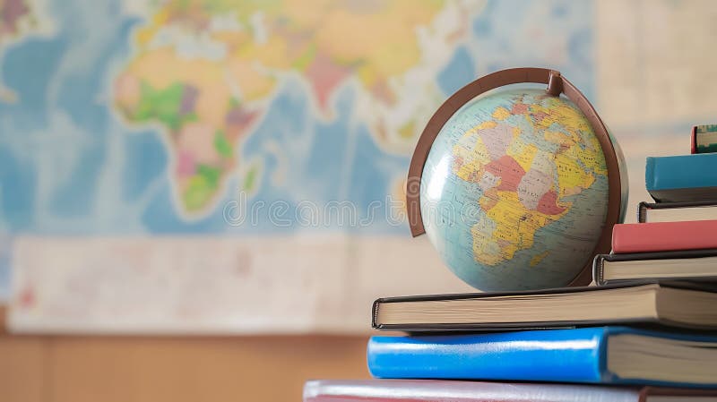 A Close-up of a Globe and a Stack of Geography Books on a Classroom ...