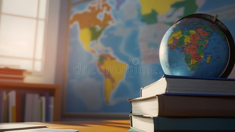 A Close-up of a Globe and a Stack of Geography Books on a Classroom ...