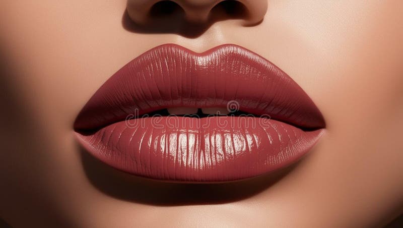 Close-up of Glossy, Full Lips in a Rich, Deep-red Shade with a Slightly ...