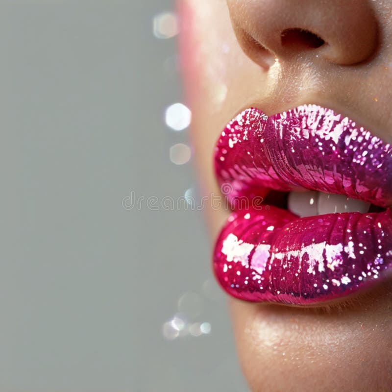 Close-up of Glossy, Pink Lips Covered in Reflective Glitter Stock ...