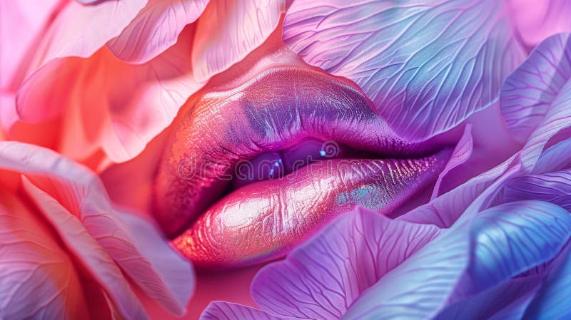 Close-up of Glossy Pink Lips among Petals Stock Illustration ...