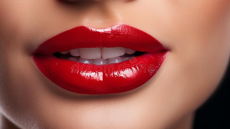 Close-up of Glossy Red Lips Showcasing a Bold Makeup Look in a Dramatic ...