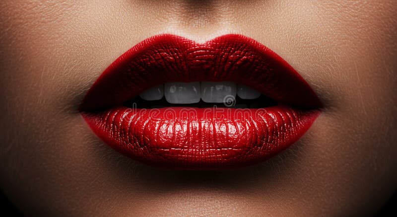 Close-up of Glossy, Red Lips with a Slightly Open Mouth Revealing Teeth ...