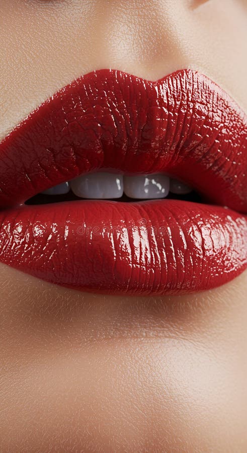 Extreme Close-up of a Perfectly Shaped Glossy Red Lip with Soft ...