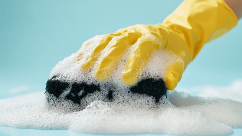 Close-up of Gloved Hand Cleaning with Soapy Sponge on Blue Background ...