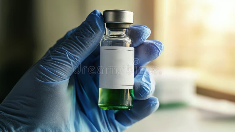 Close-up of a Gloved Hand Holding a Green Liquid Vial in a Laboratory ...