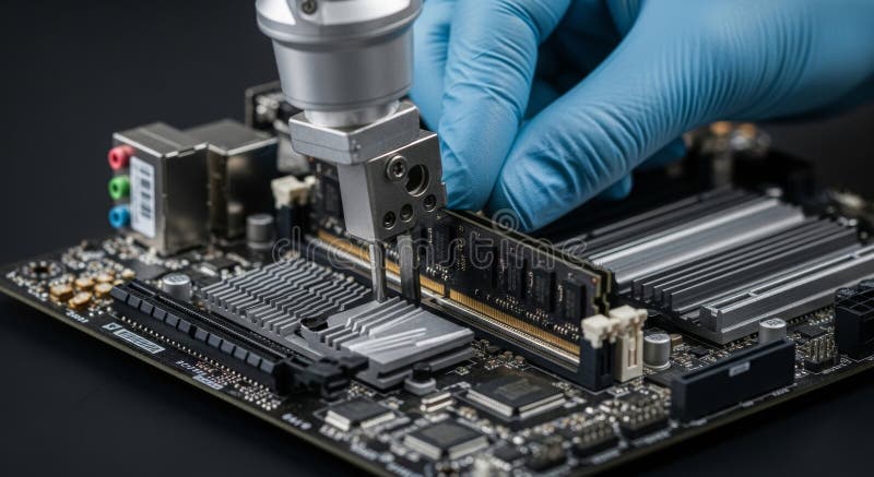 RAM Module Installation on a Modern Motherboard with Gloved Hand and ...