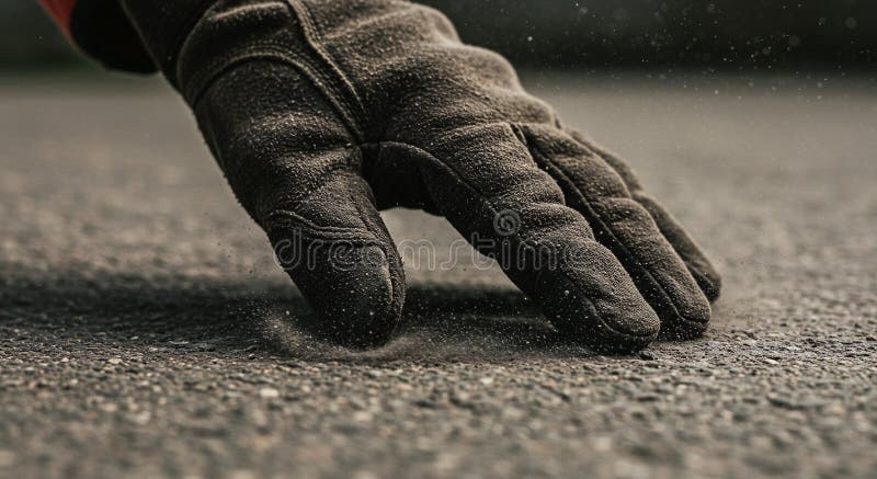 Close-up of a Gloved Hand Touching a Rough Surface, Creating a Small ...