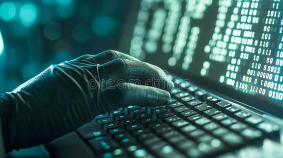 Close-up of a Gloved Hand Typing on a Keyboard with Binary Code ...
