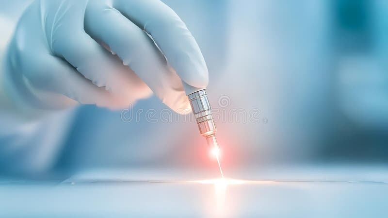 Close-up of a Gloved Hand Using a Laser Tool on a Surface in a Clinical ...