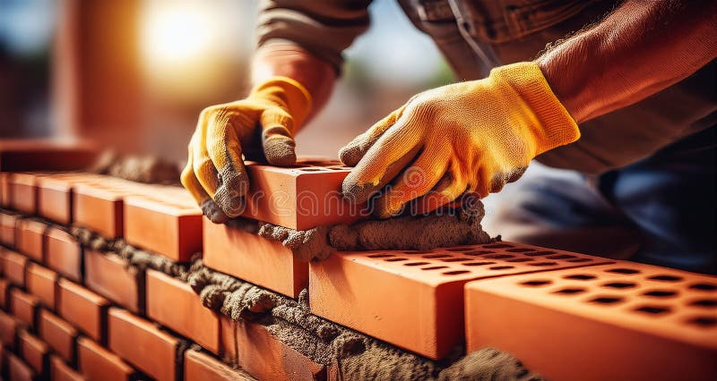 The Gloved Hands of a Bricklayer Laying a Clay Brick on Brick Wall ...