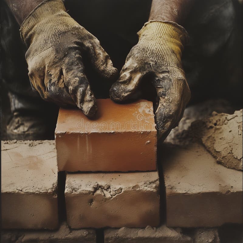 Construction Worker Placing Brick on Wall with Mortar Stock Photo ...